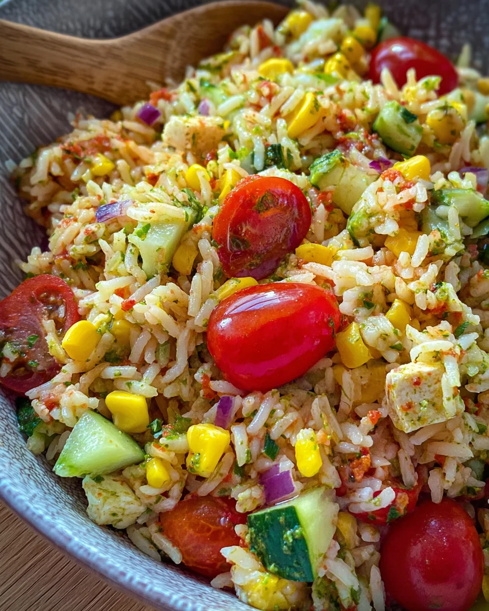 Erfrischender Bunter Reissalat mit Pesto Dressing