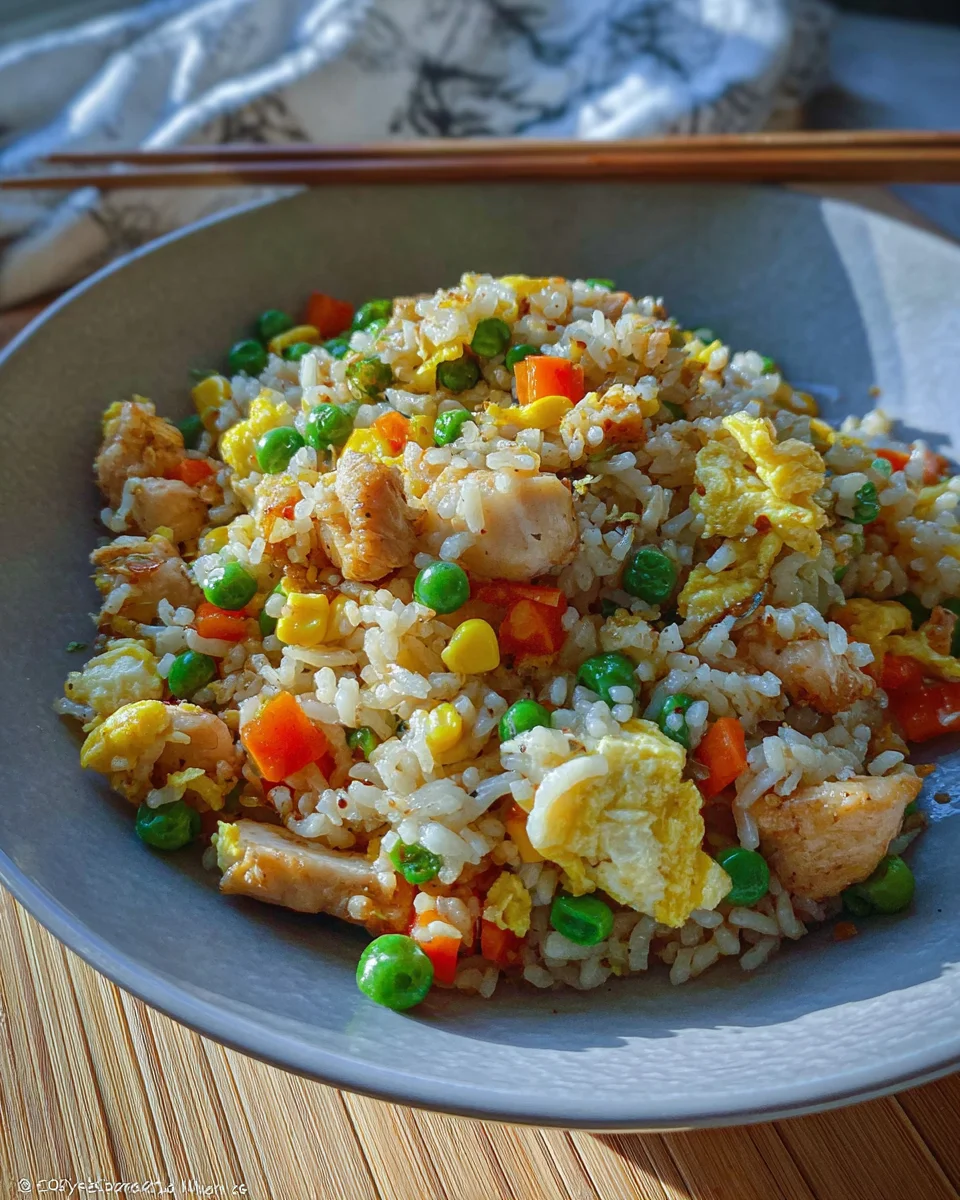 Reis im Airfryer – gebratener Reis mit Hähnchen